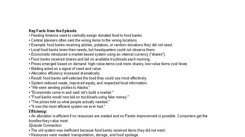 Microeconomics In-Class Assignment Cheat Sheet: Feeding America Episode ...