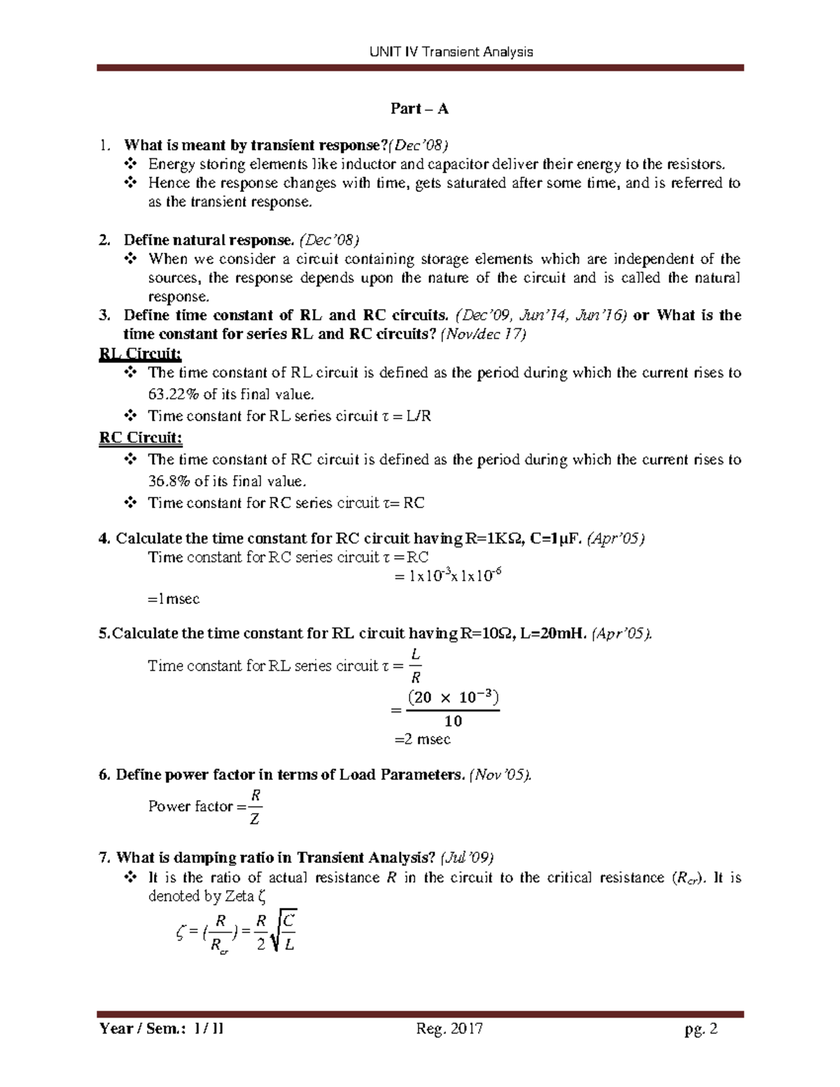 CA EC8251 UNIT IV Transient Analysis: Key Concepts and Calculations ...
