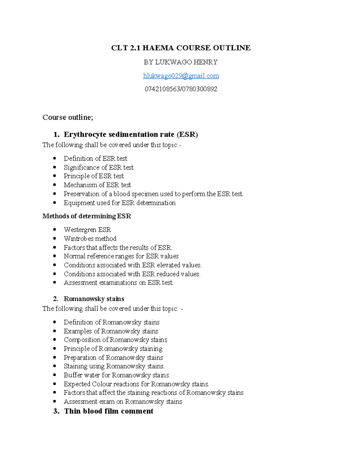 CLT 2.1 Haema Course Outline: ESR & Romanowsky Stains - Studocu