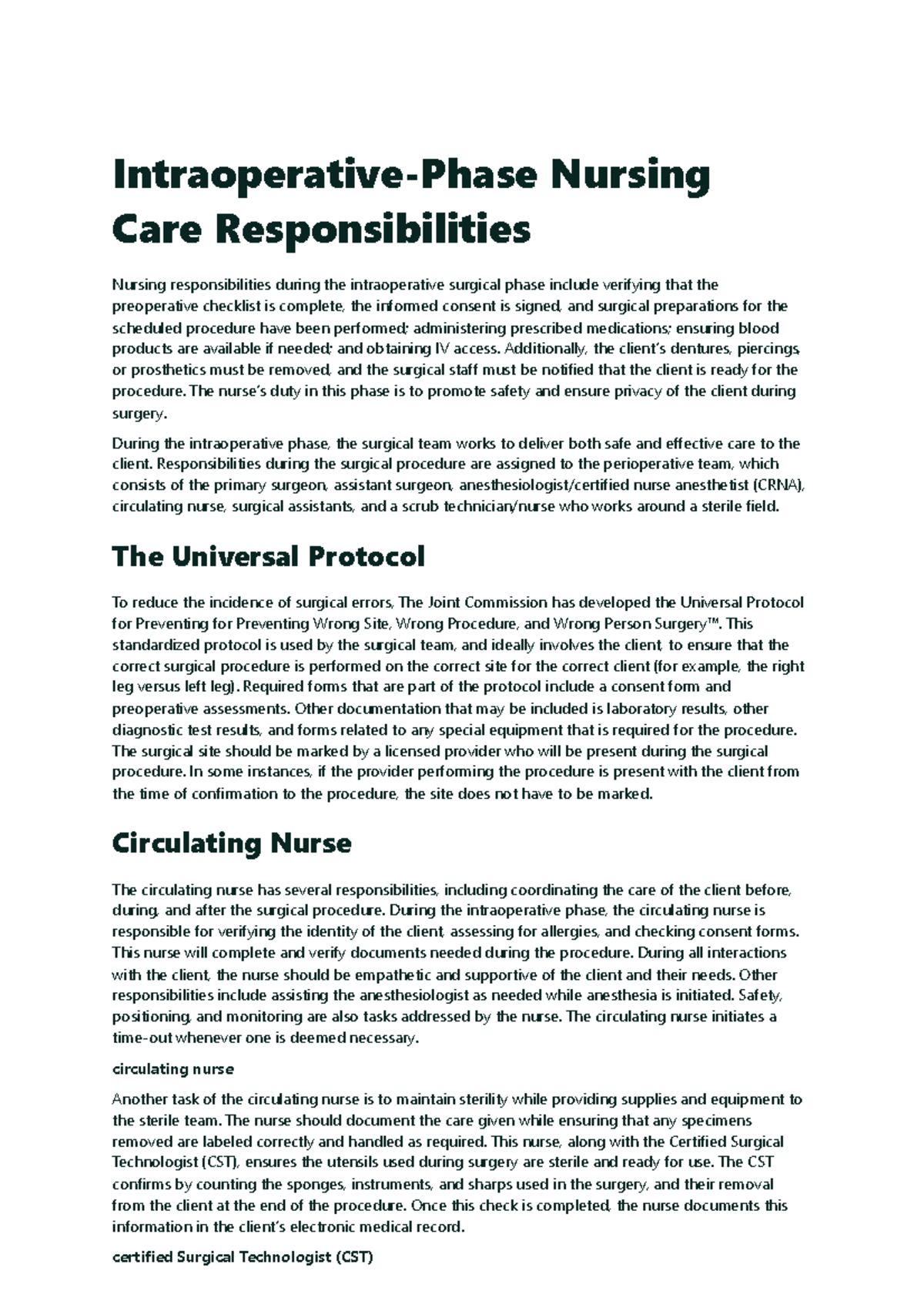 Intraoperative Nursing Care Responsibilities (NUR 101) - Studocu