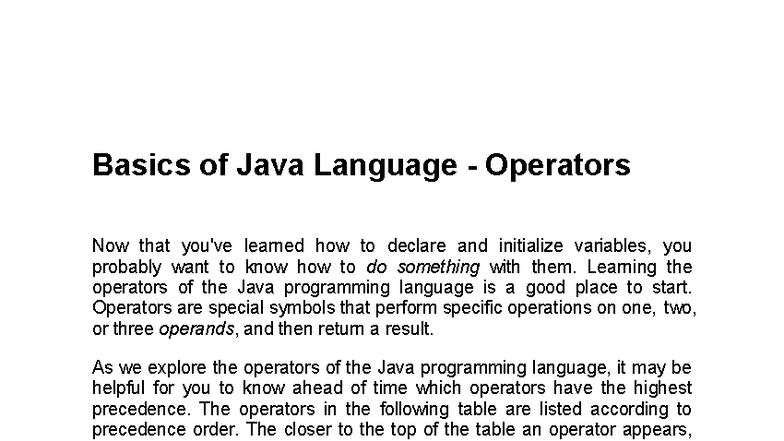 Java CR C1 L1 IS02 - Understanding Java Language Operators - Studocu
