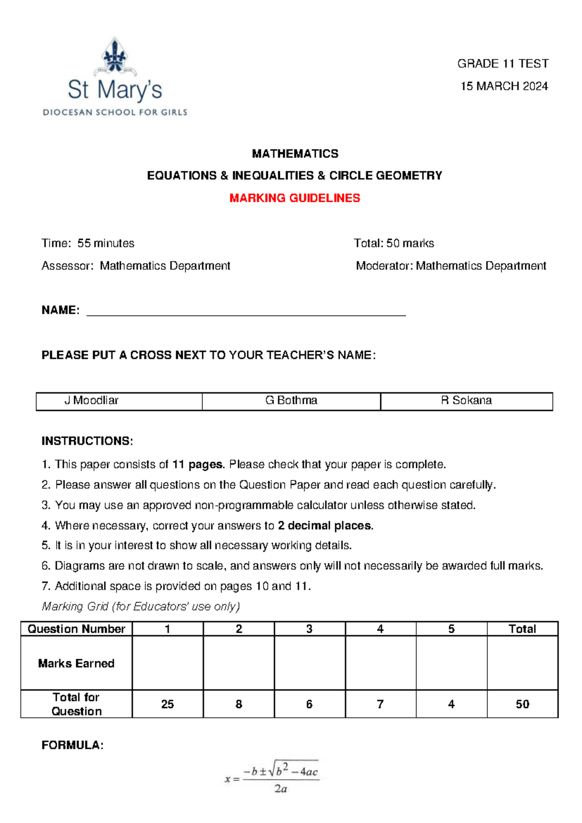GRADE 11 MATHEMATICS TEST: EQUATIONS, INEQUALITIES & CIRCLE GEOMETRY ...