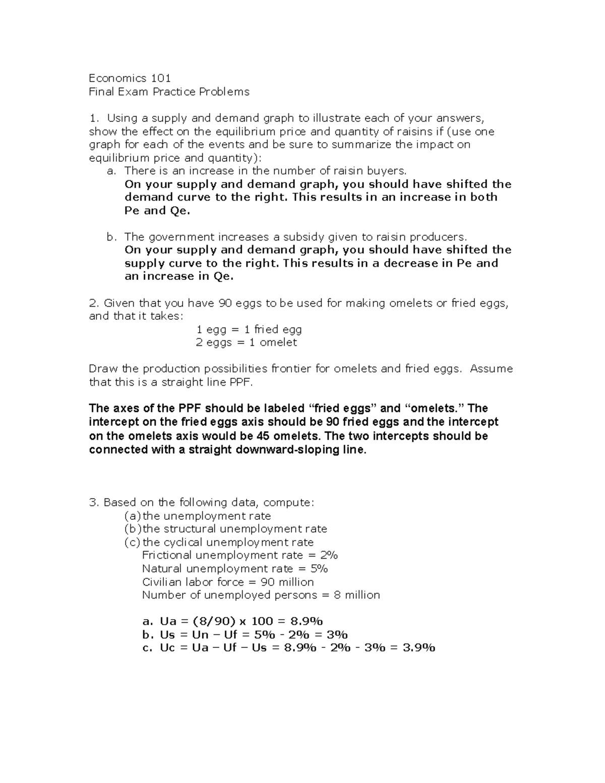 Final Test and Answer Key - Economics 101 Final Exam Practice Problems ...