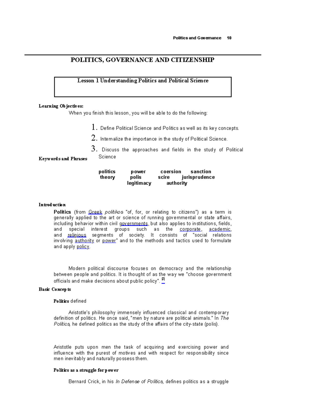 Politics and Governance 10: Lesson 1 - Understanding Political Science ...