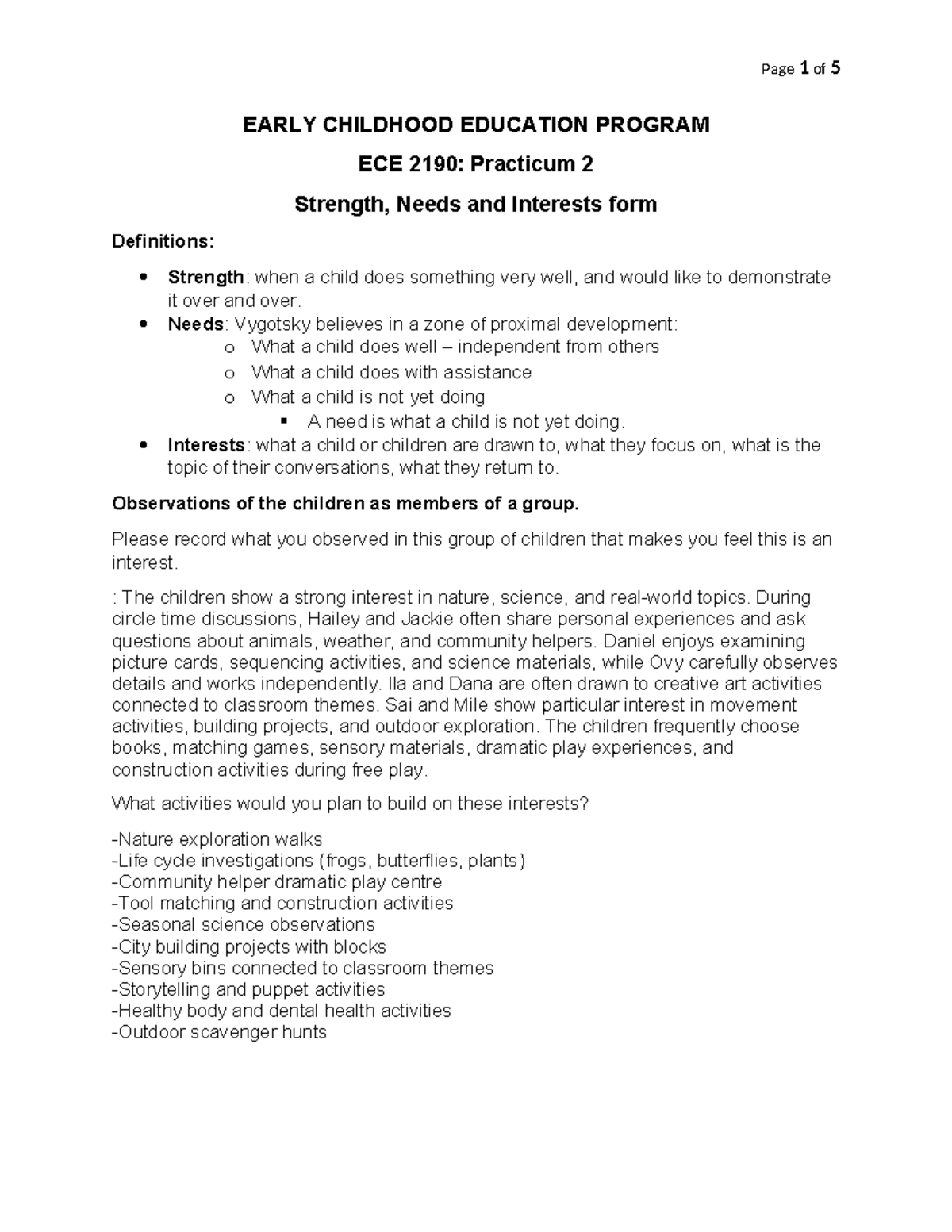 Strengths, Needs, and Interests in ECE 2190 Practicum 2 - Studocu