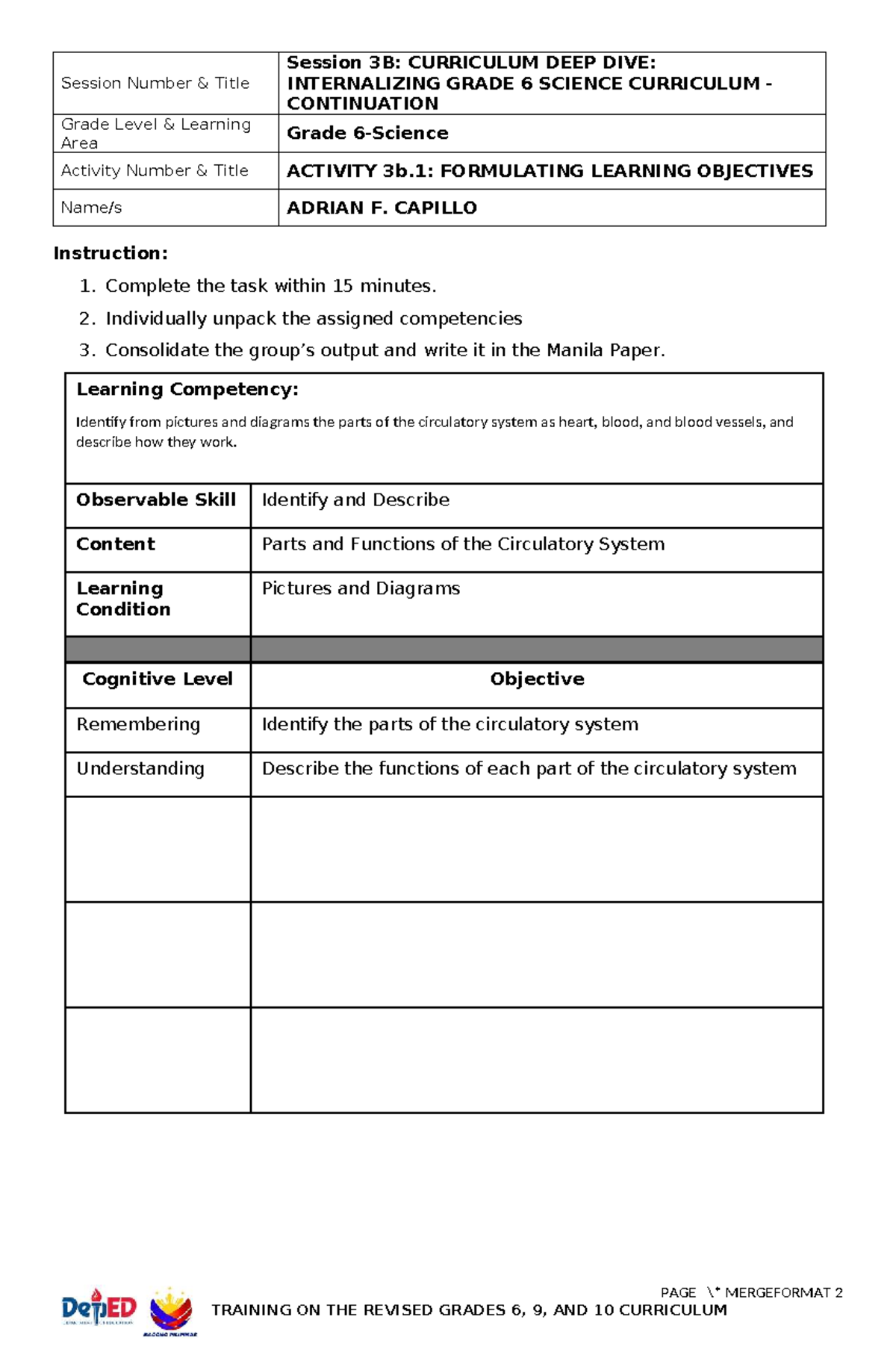 Grade 6 Science Curriculum Deep Dive: Activity 3B - Learning Objectives ...