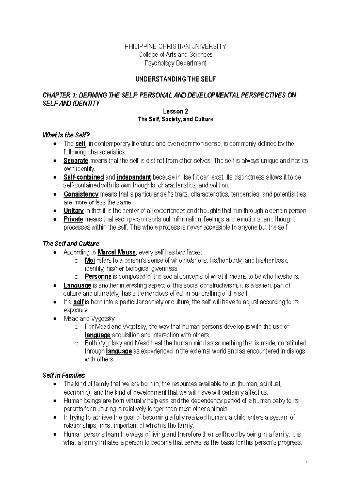 UTS(11) Reading Material: Understanding the Self - Chapter 1, Lesson 2 ...