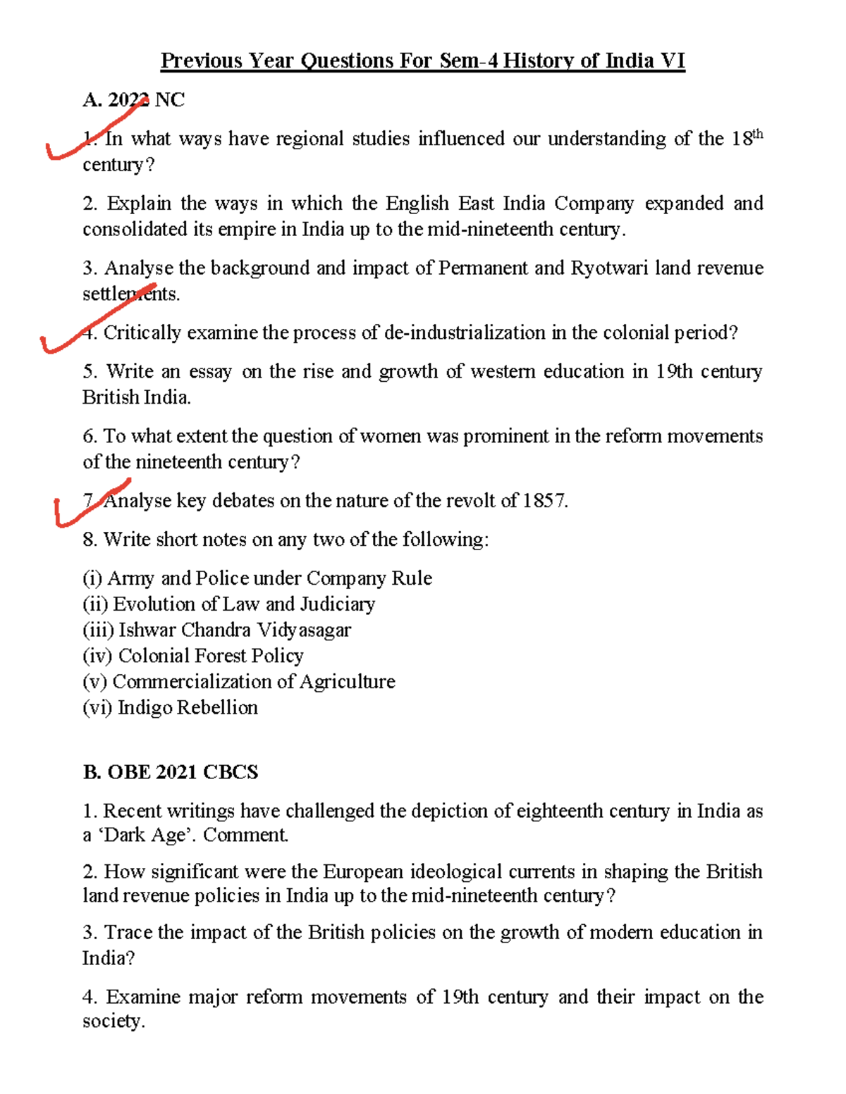 PYQ: Sem-4 History of India VI (1750-1857) Previous Year Questions ...