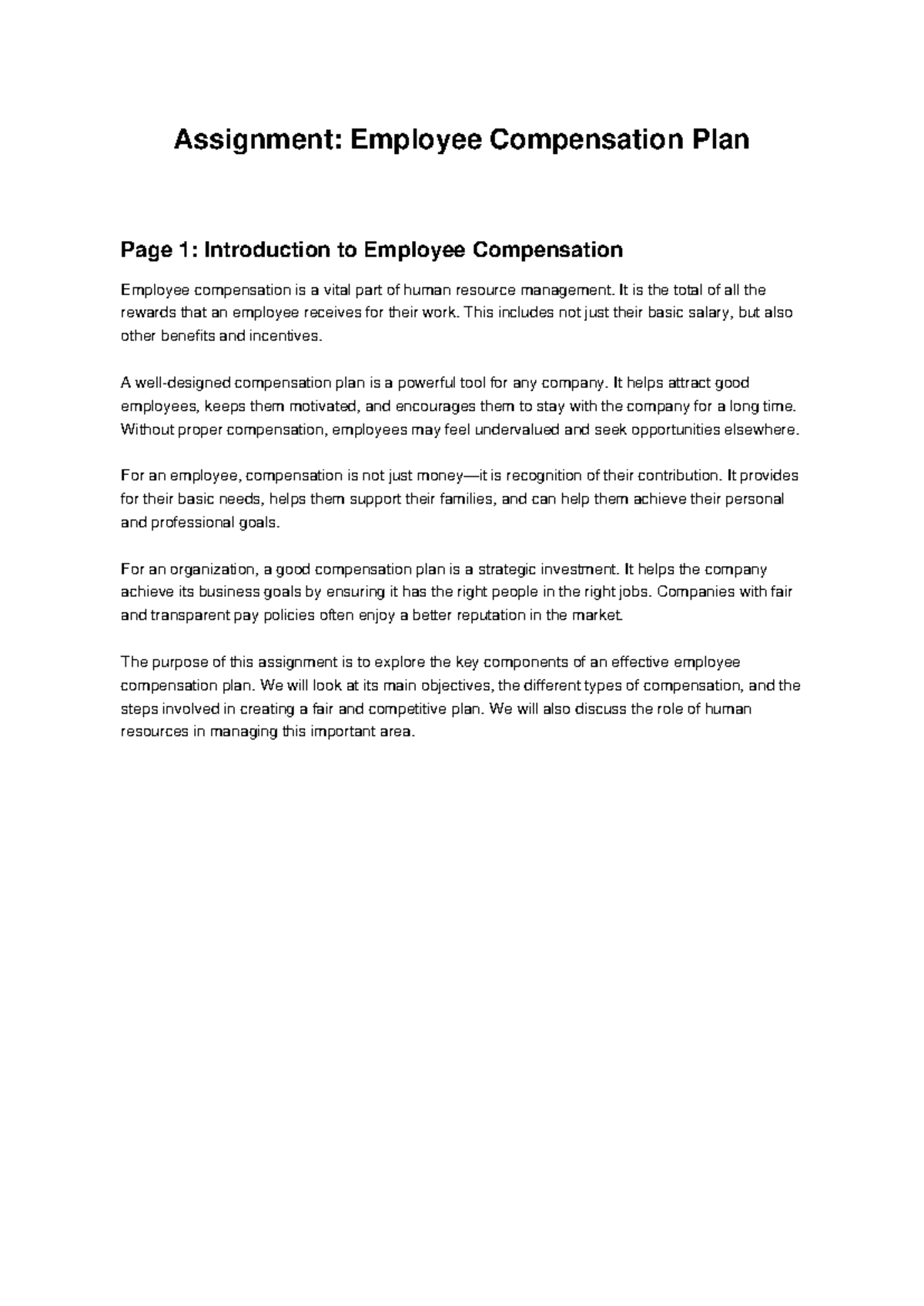 Assignment: Employee Compensation Plan Overview and Key Components ...