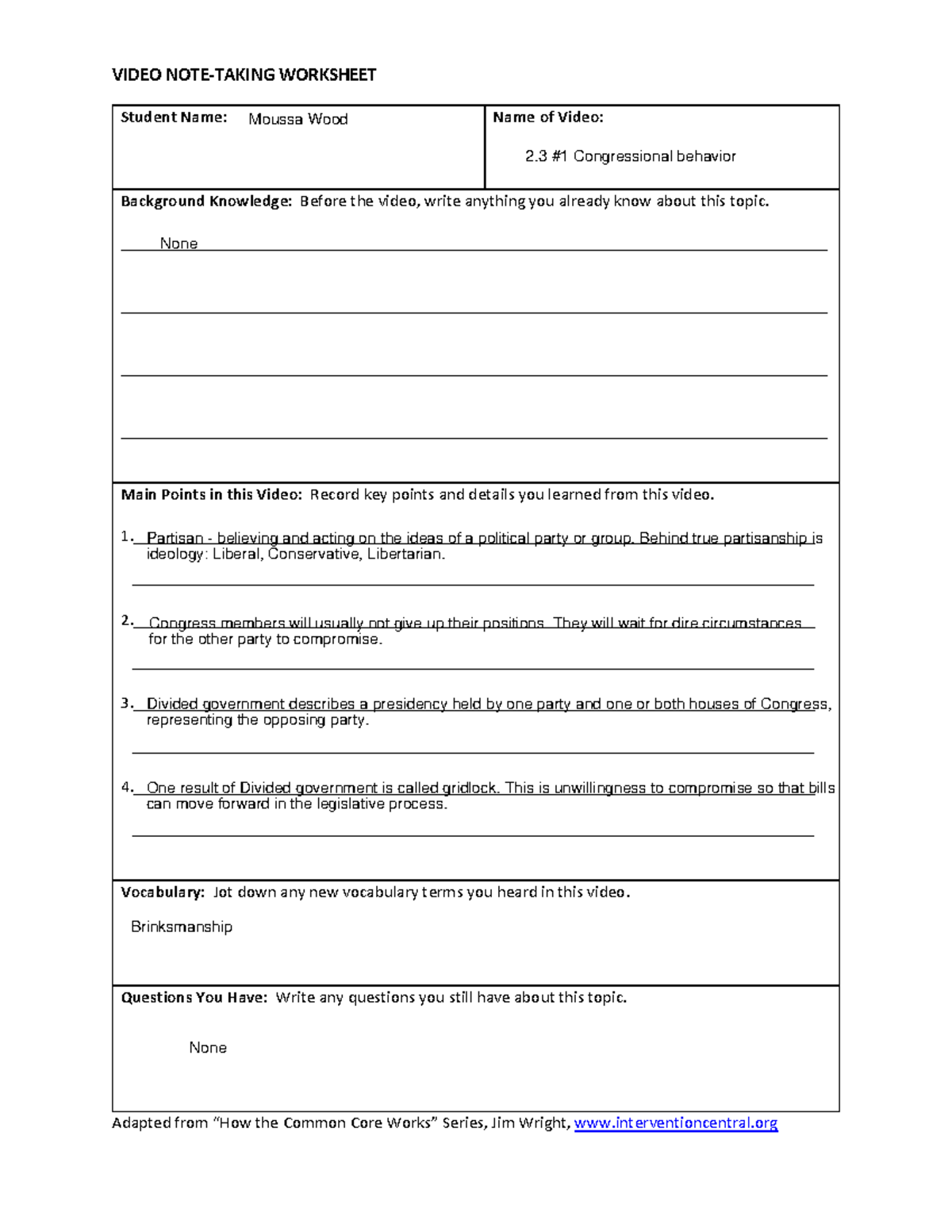 HO Video Note Taking Worksheet - VIDEO NOTE‐TAKING WORKSHEET Student ...