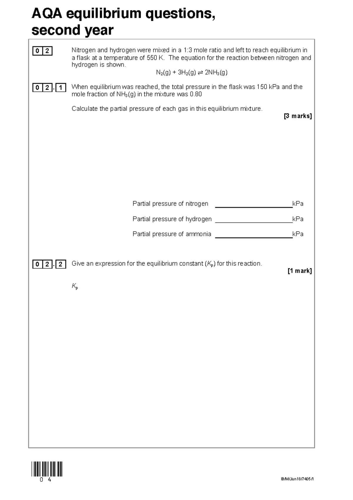AQA Chemistry Kp Equilibrium Questions & Mark Scheme - June 2018 - Studocu