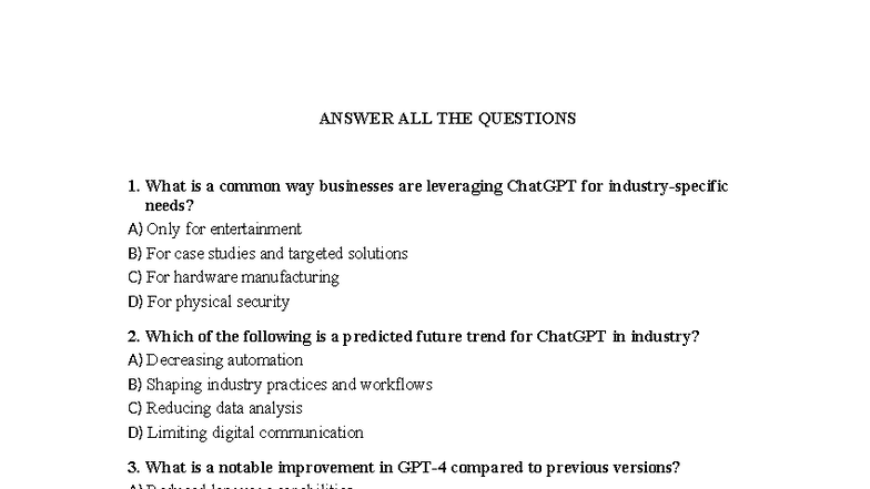ASS 8 - ChatGPT Utilization in Business: Question Paper - Studocu