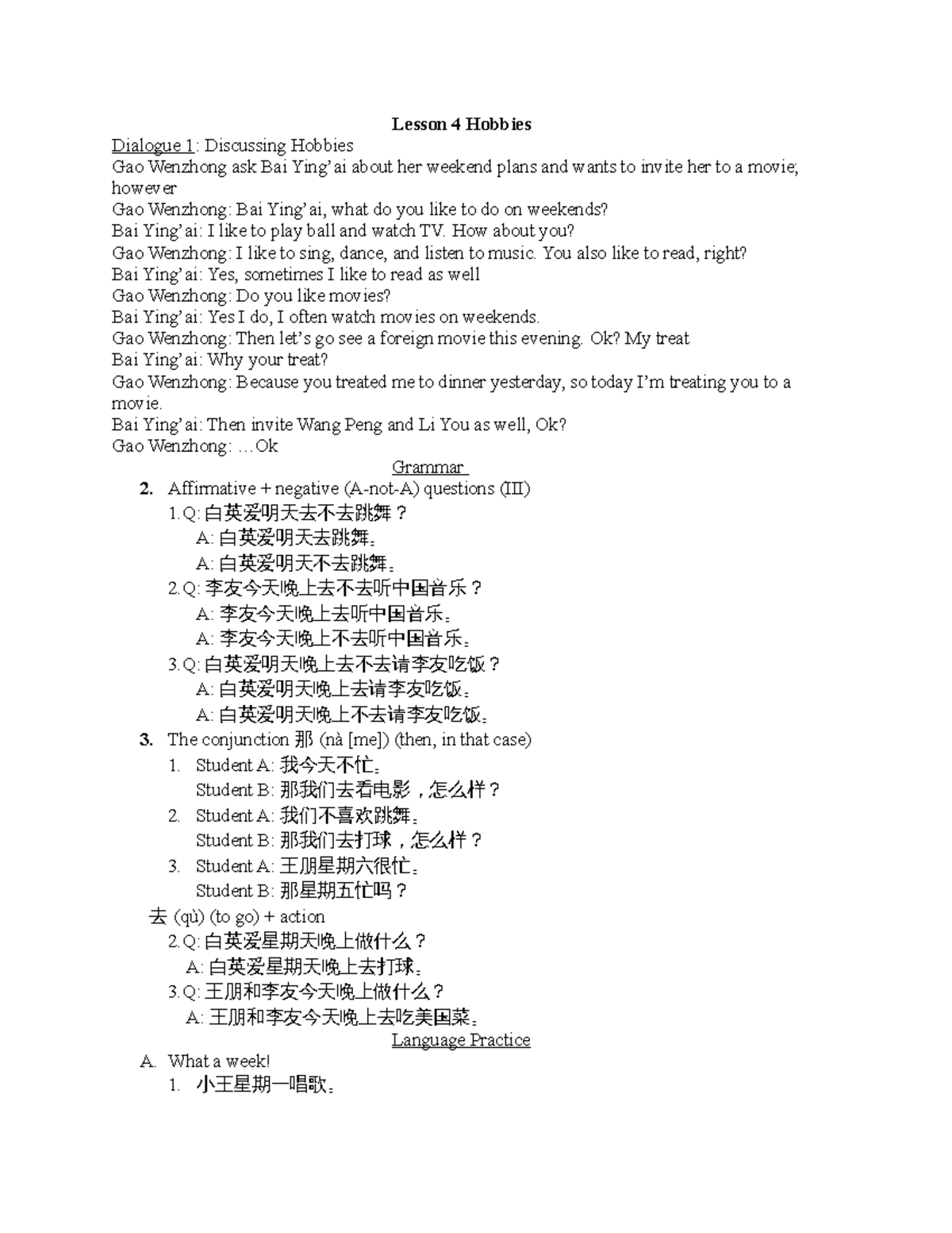 Lesson 4 - Chinese to English Translation: Hobbies and Activities - Studocu