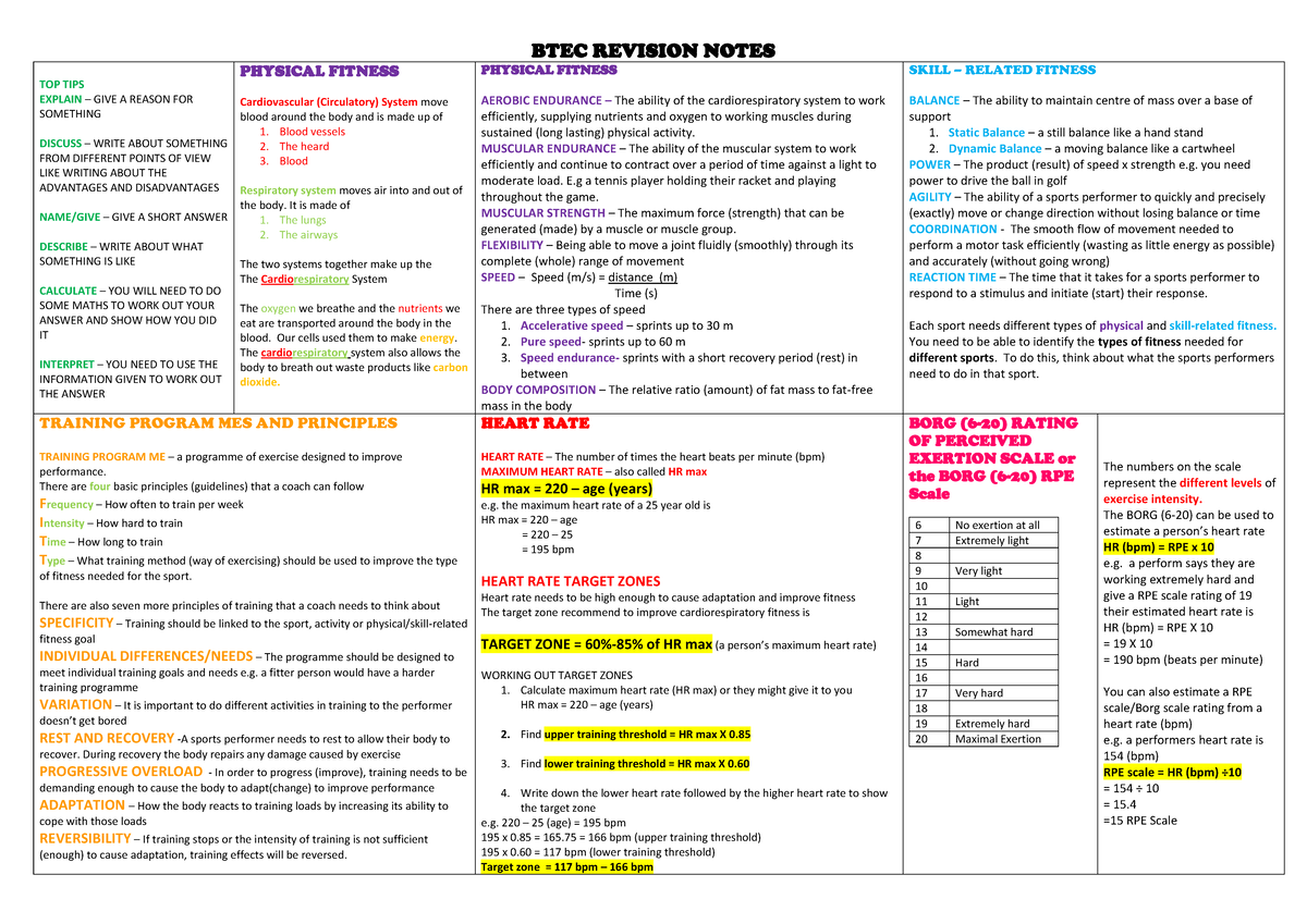 BTEC PE Final Exam Revision Notes on Fitness and Training Methods - Studocu