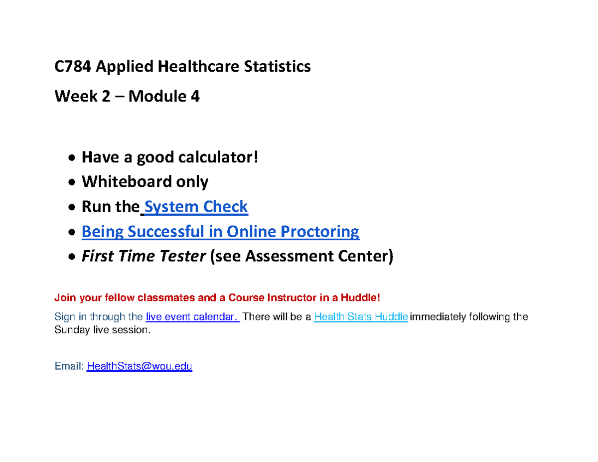 C784 Applied Healthcare Statistics Week 2 - Module 4 Problems - Studocu