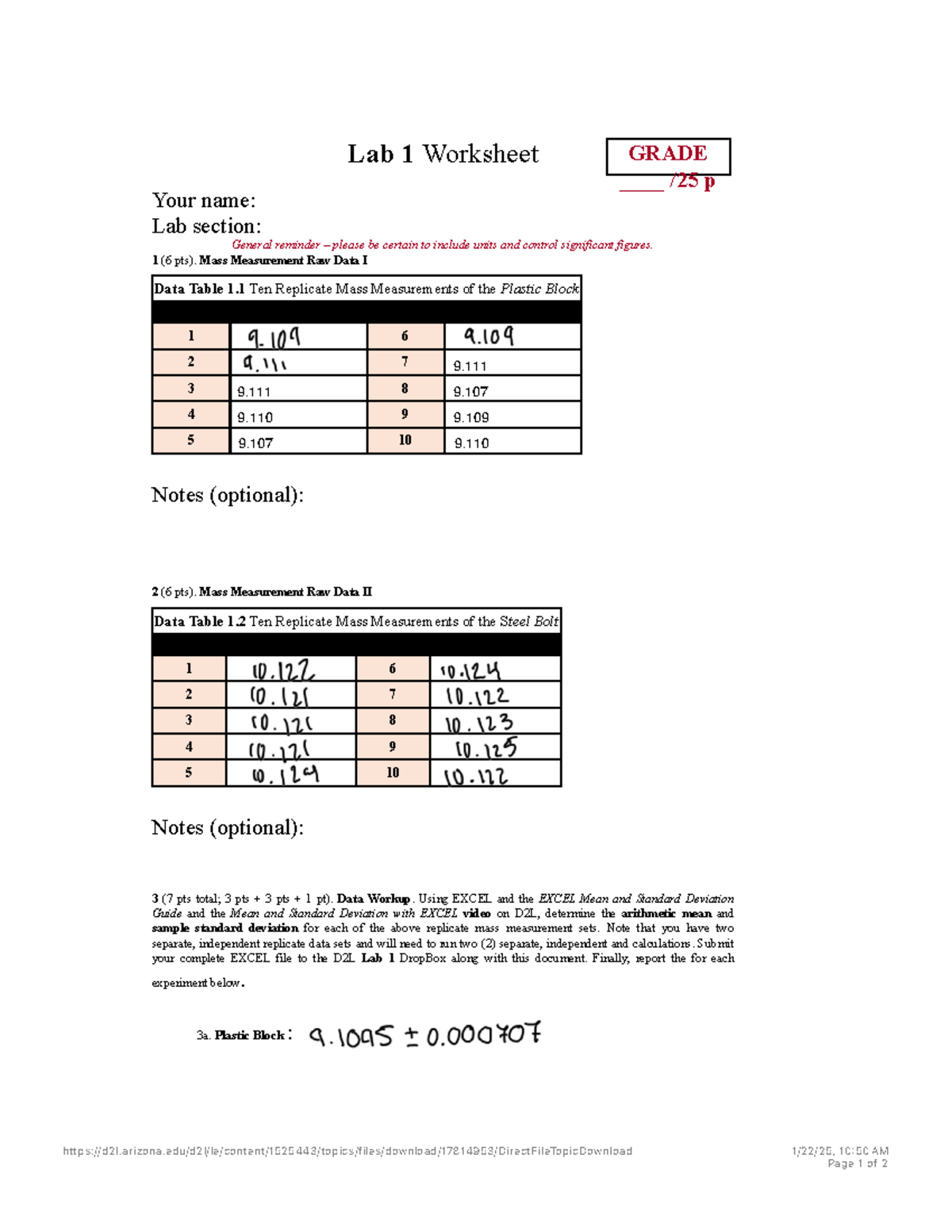 Lab 1 Worksheet v2.4 Blank - CHEM 130L Lab 1 Worksheet | 1 Lab 1 Worksheet Your name: Lab ...