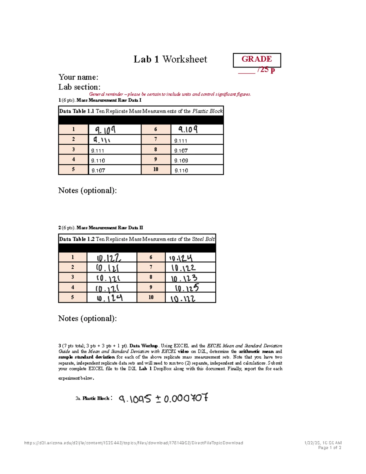 CHEM 130L Lab 2 Worksheet: Density Determination & Data Analysis - Studocu