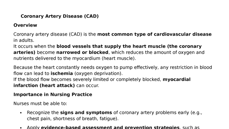 Coronary Artery Disease (CAD) Overview: Key Concepts and Nursing ...