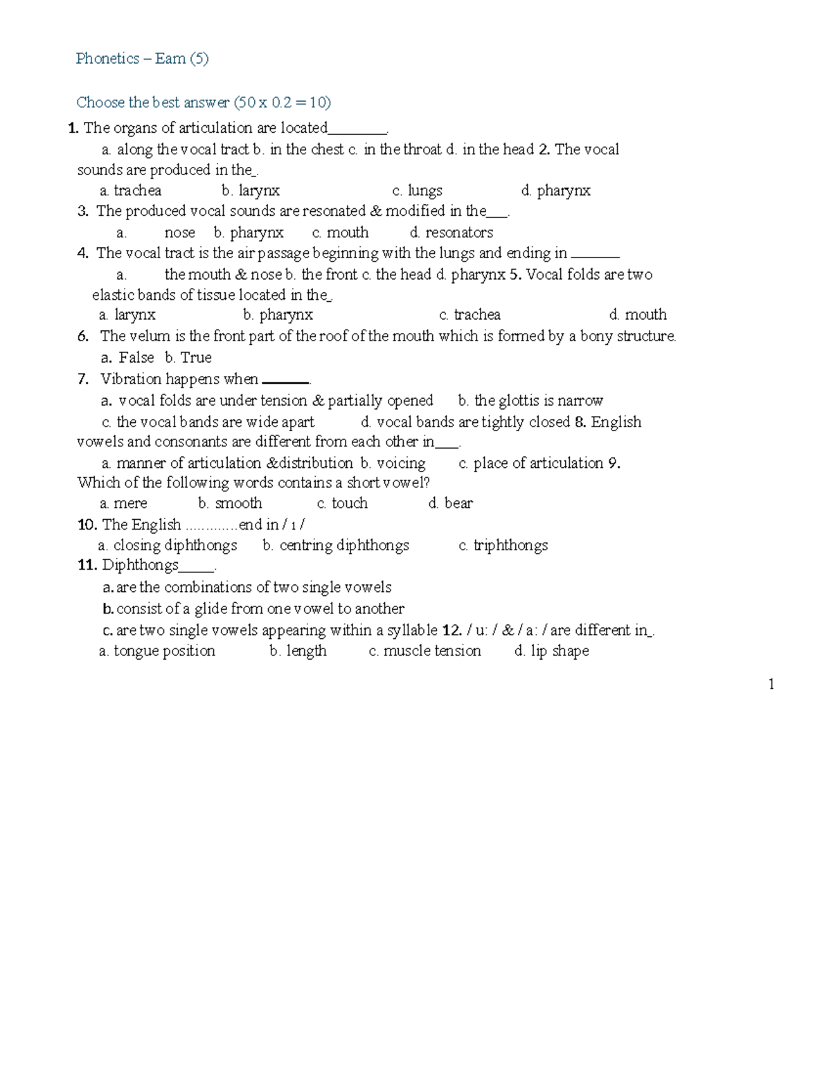 Phonetics Exam (5) - Multiple Choice Questions and Answers - Studocu