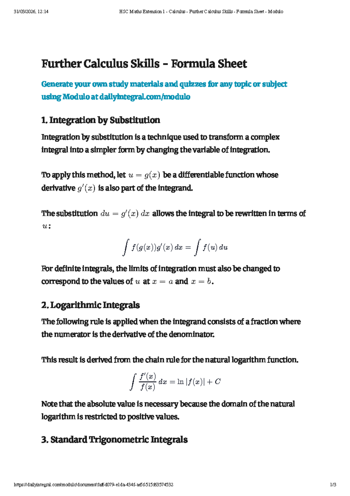 HSC Maths Ext 1: Further Calculus Skills Formula Sheet - Studocu