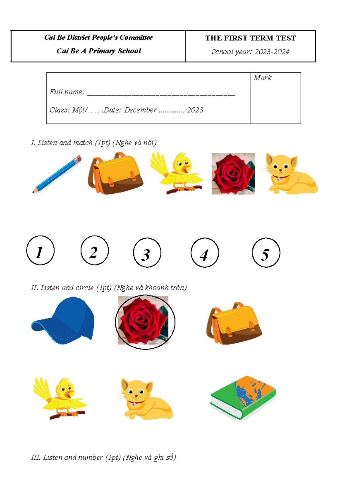 Cai Be A Primary School - Grade 1 First Term Test 2023-2024 - Studocu