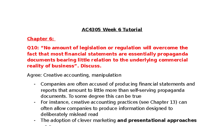 AC4305 Week 6 Tutorial: Creative Accounting & Financial Ratios Analysis ...
