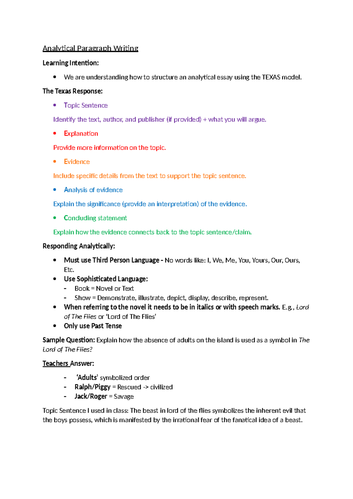LOTF Analytical Essay Writing Guide: Structuring with TEXAS Model - Studocu