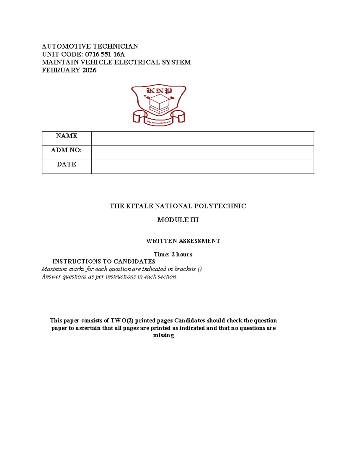 Automotive Technician Unit 0716 551 16A: Charging System Assessment ...