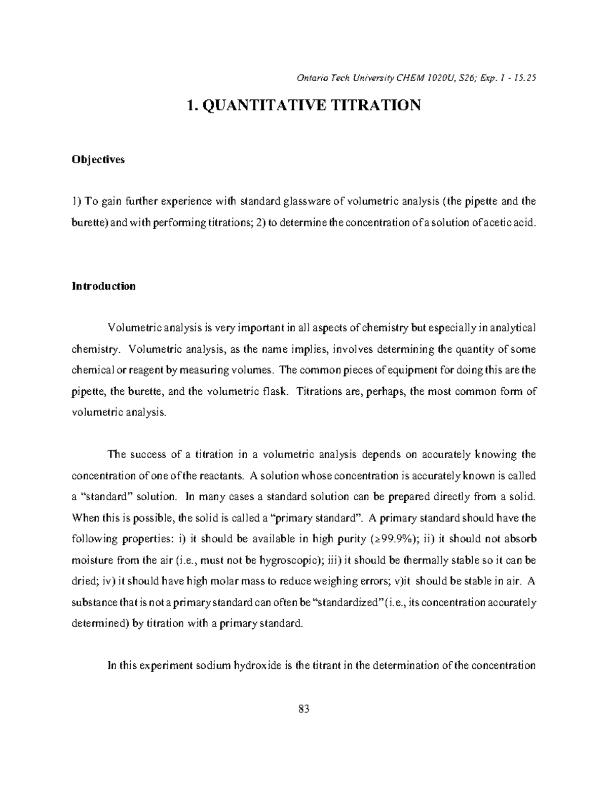 Ontario Tech University CHEM 1020U, Exp. 1: Quantitative Titration Lab ...