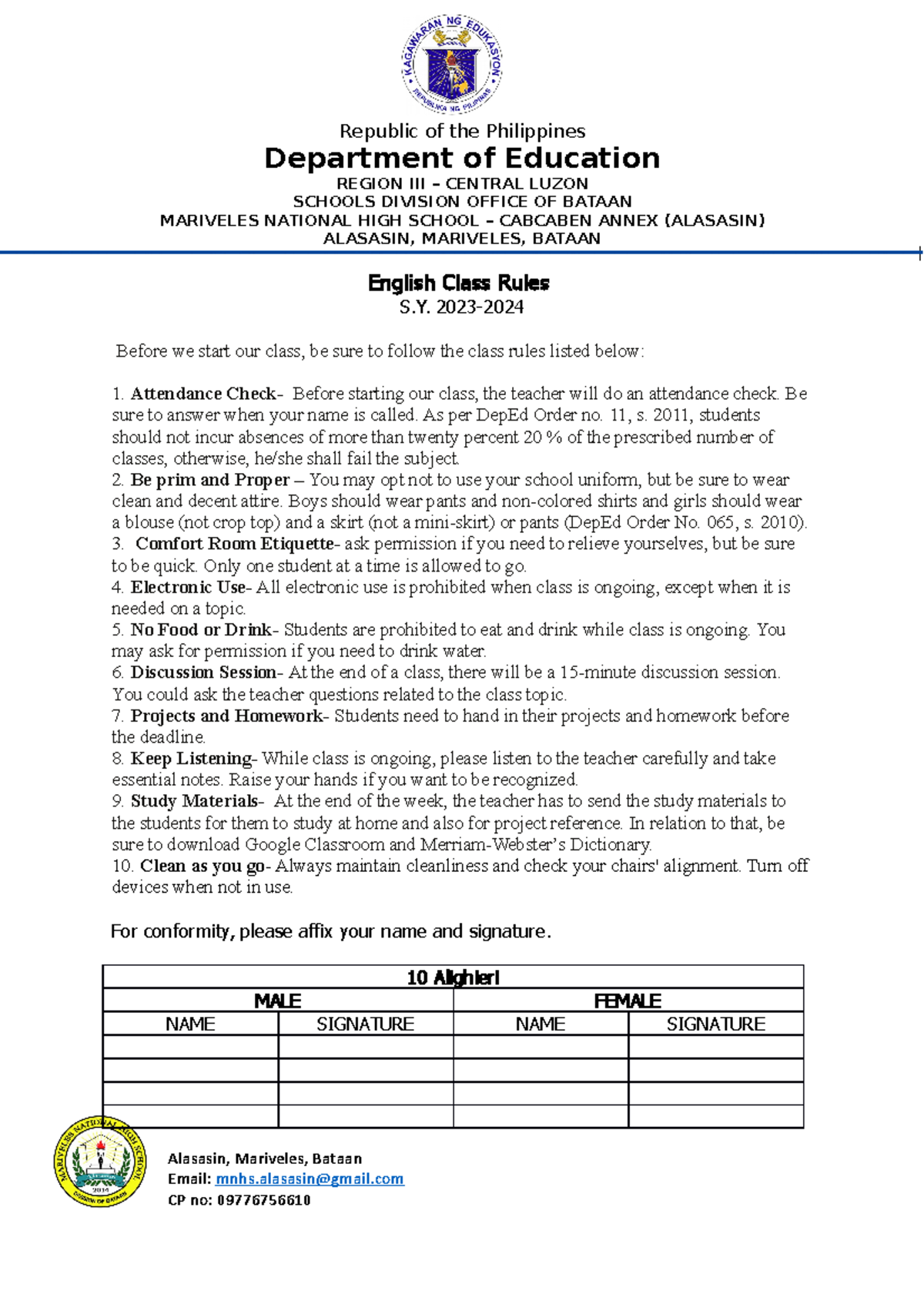 Class Rules inside the classroom - Republic of the Philippines ...
