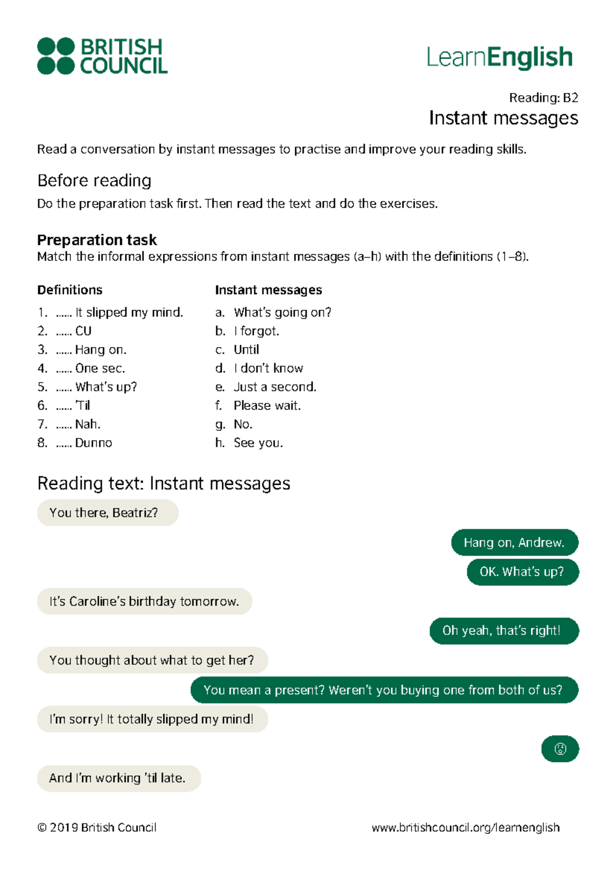 Learn English Reading B2 Instant messages - Reading: B Instant messages ...