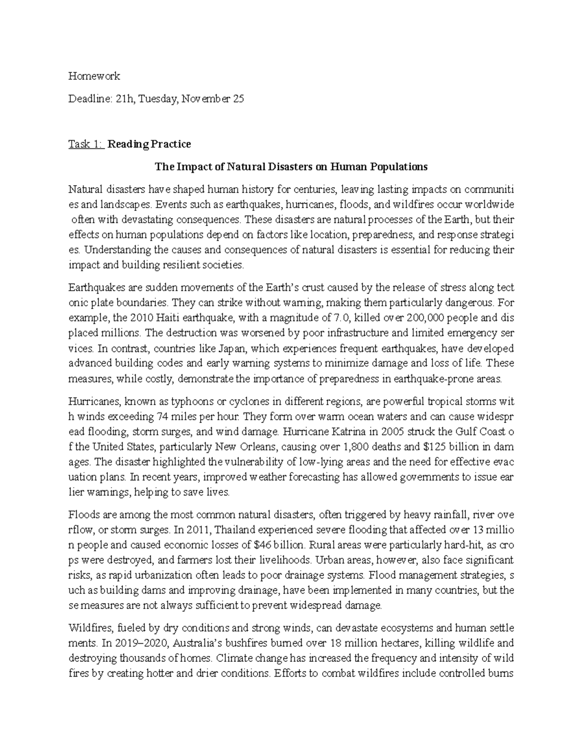 Natural Disasters and Their Impact on Human Populations: Homework Task ...