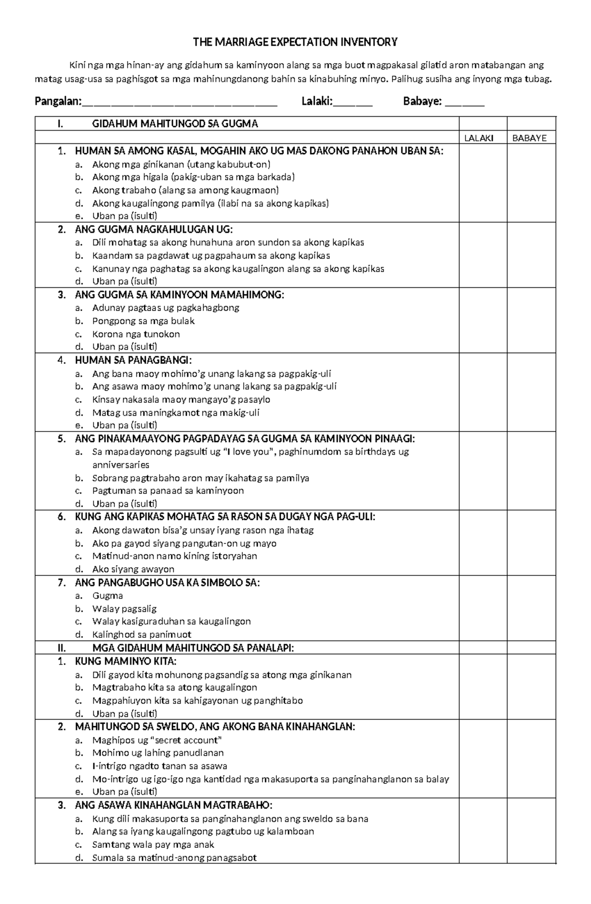 Marriage Expectation Inventory: Insights for Couples Planning Marriage ...
