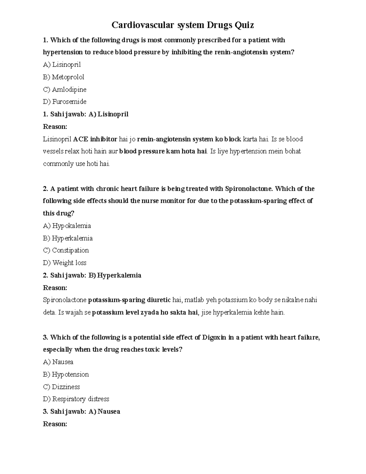 Cardiovascular System Drugs Quiz (Practice) - Key Concepts and Answers ...