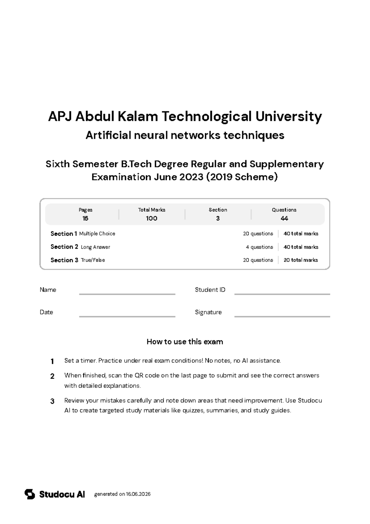 B.Tech Sixth Semester Exam June 2023 - MCQ & Long Answer - Studocu