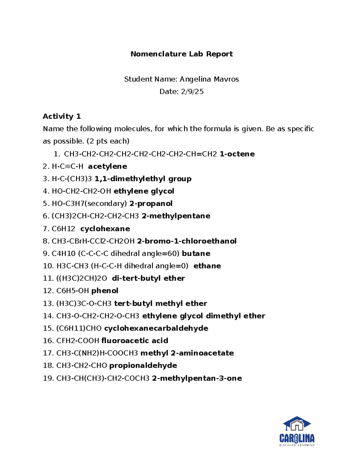 Nomenclature Lab Report for Organic Chemistry Concepts (CHEM 101) - Studocu
