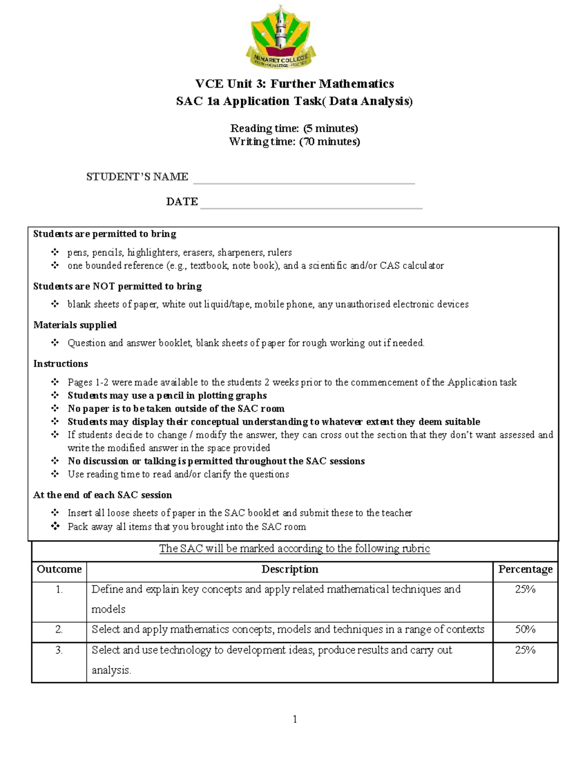 VCE Unit 3: Further Mathematics SAC 1a, 1b & 1c Application Tasks (Data ...