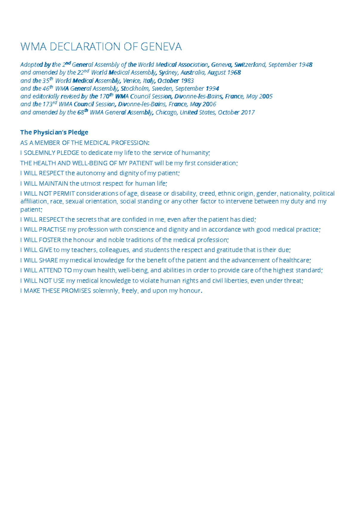 WMA Declaration of Geneva: Ethical Pledge for Medical Professionals ...