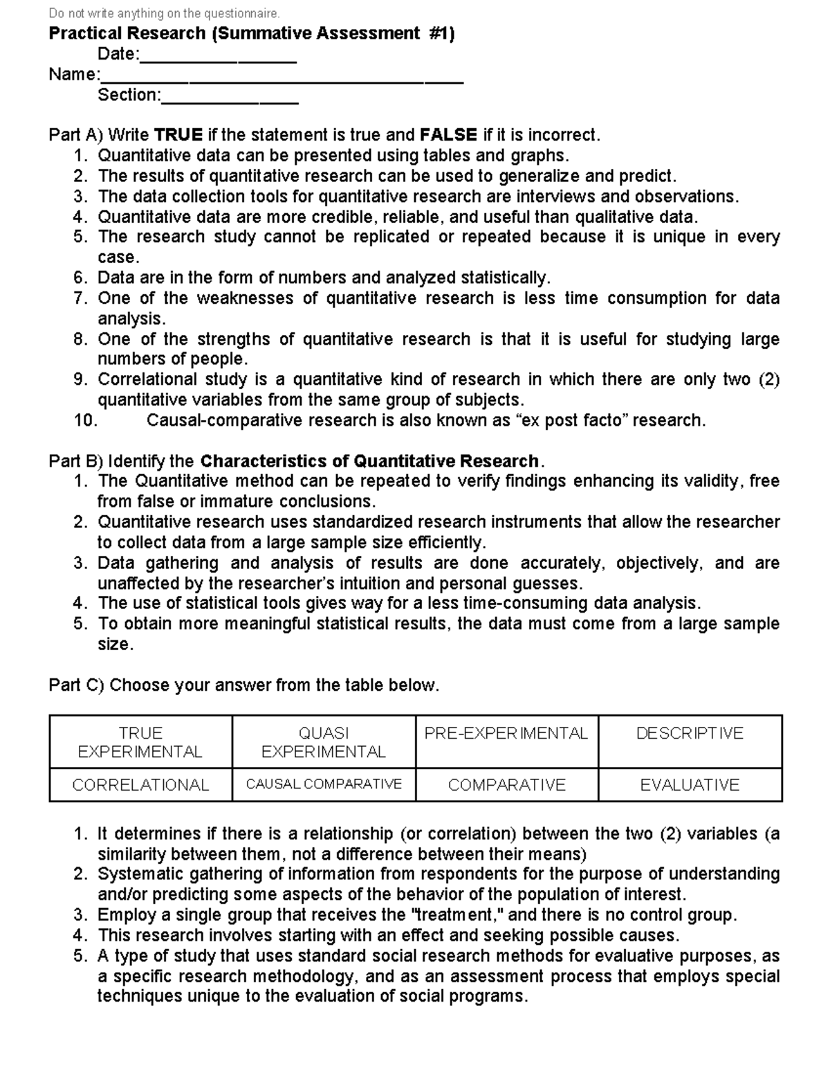 PR2 SA1 - Quantitative Research Sample Test and Characteristics - Studocu