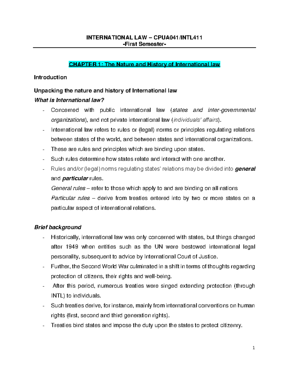 International law notes on Chapter 1 to 7 summary - INTERNATIONAL LAW ...