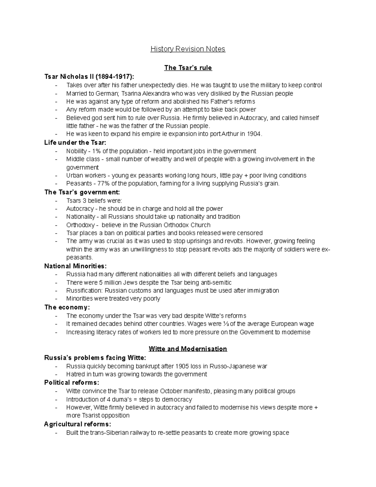 Russia revision - History Revision Notes The Tsar’s rule Tsar Nicholas ...