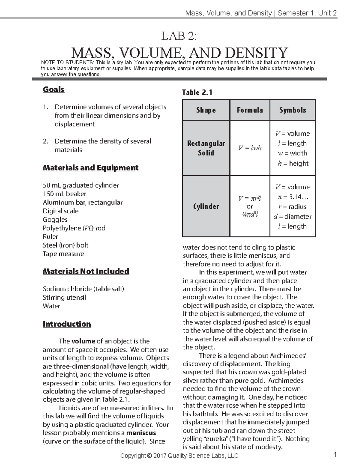 511840110 Lab 2: Mass, Volume, and Density Answers and Procedures - Studocu