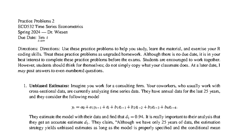 ECO532 Practice Problems 2: Time Series Econometrics Questions - Studocu