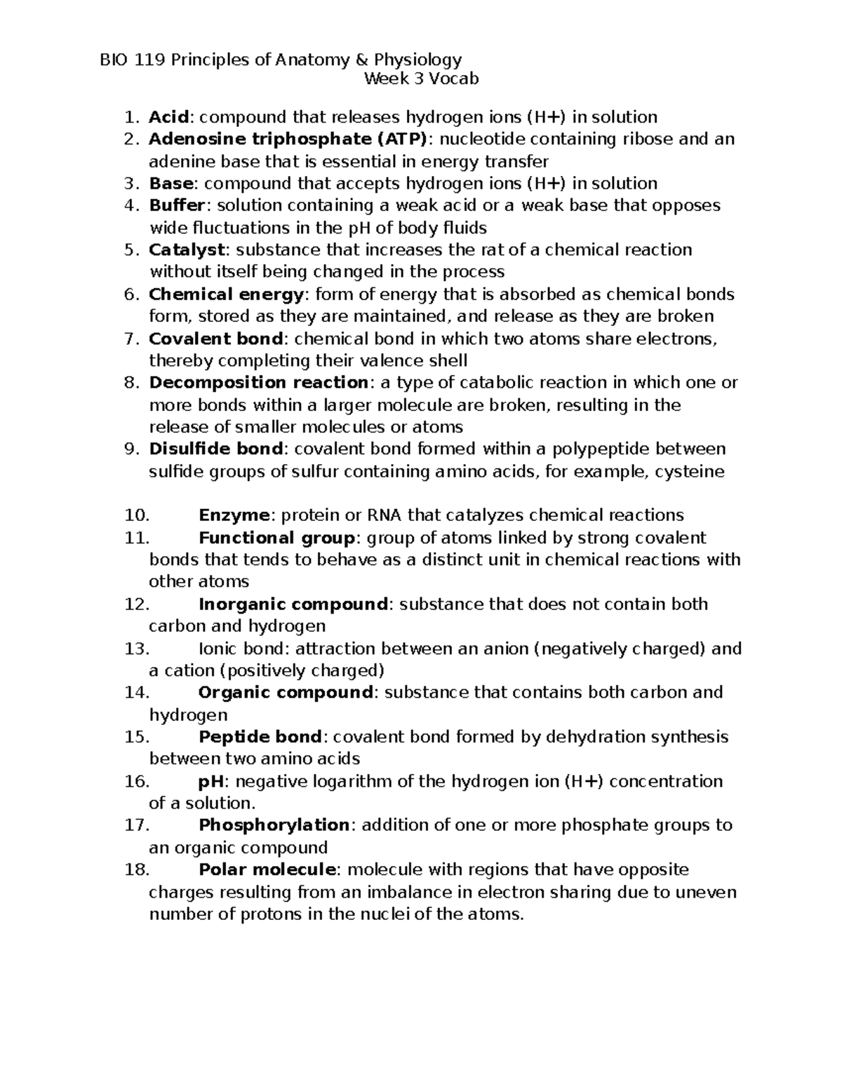 BIO 119 Week 3 Anatomy & Physiology Vocabulary Terms - Studocu