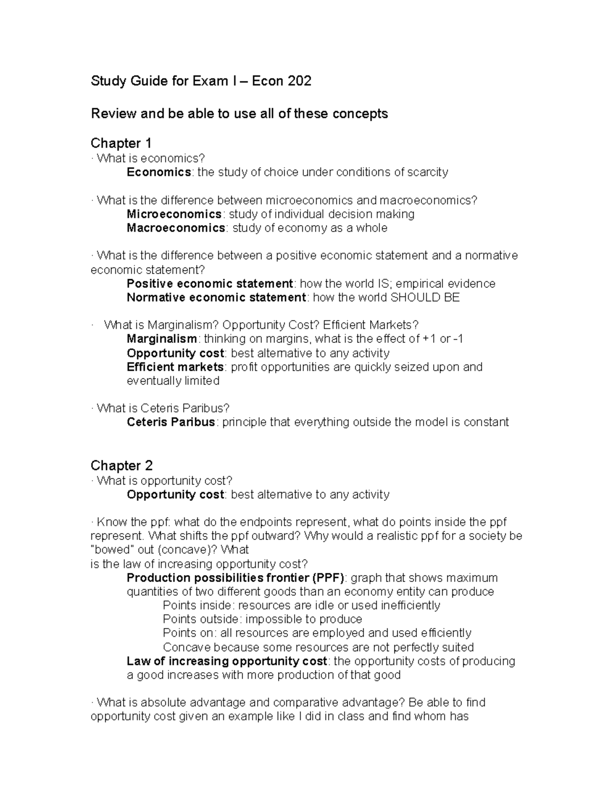 Study Guide for Exam I – Econ 202 - Study Guide for Exam I Econ 202 ...
