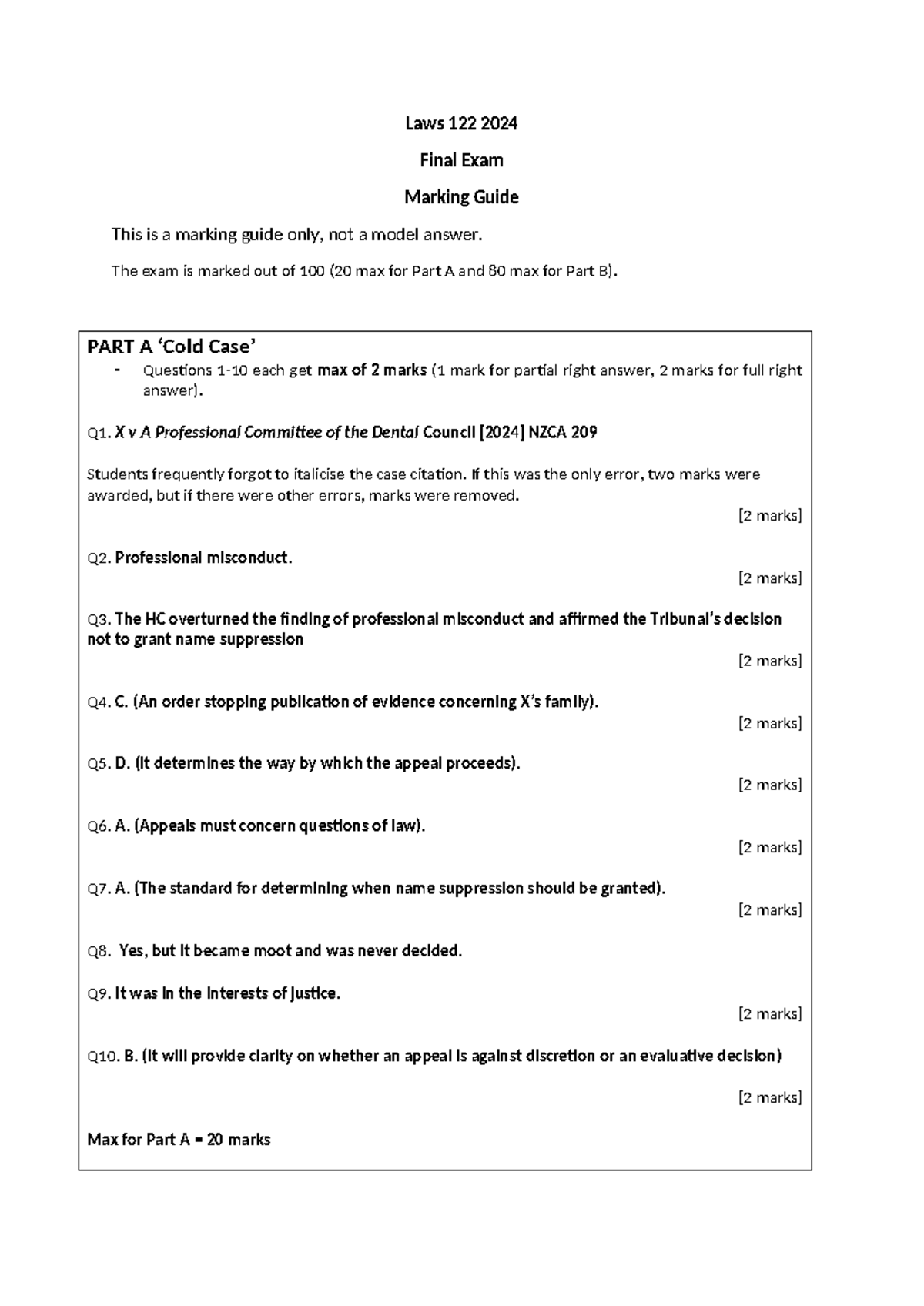 Marking Guide for LAWS 122 2024 Final Exam - Studocu