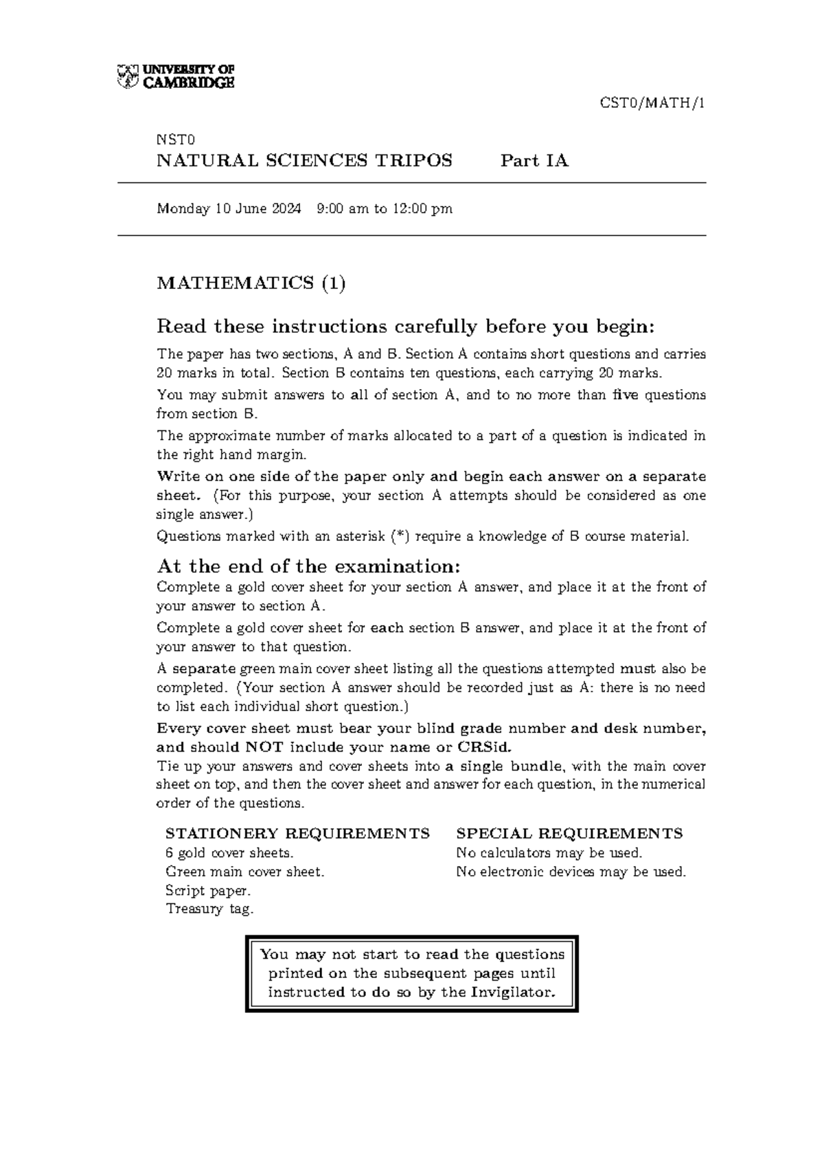 Papernst ia 1 2024 - Mathematics paper for natural science tripos ...