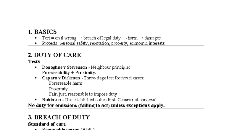 BASICS of Tort Law: Duty of Care & Breach of Duty Notes (Wk1-7) - Studocu