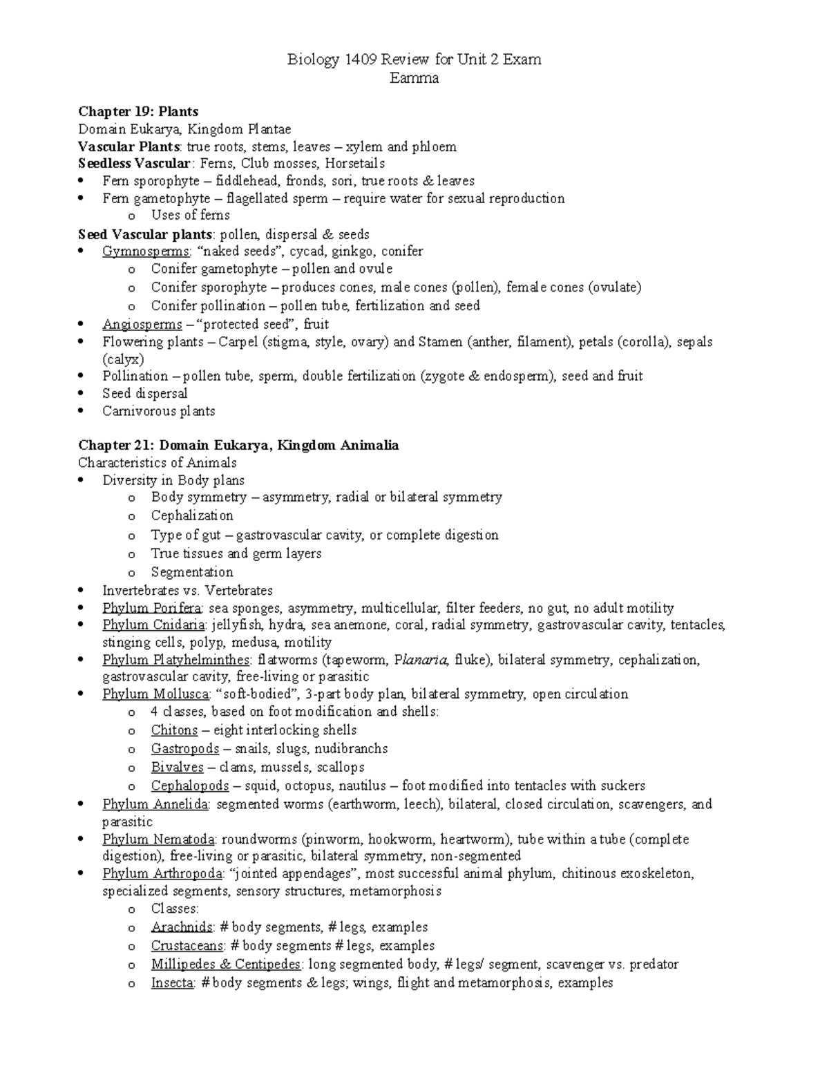 Biology 1409 Unit 2 Exam Review: Plant and Animal Kingdoms Essentials ...
