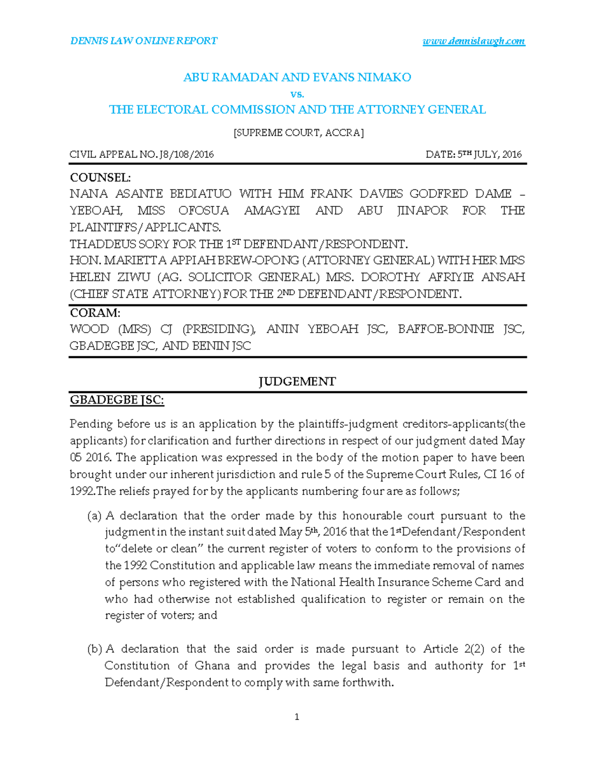 ABU RAMADAN AND EVANS NIMAKO VS. ELECTORAL COMMISSION - SUPREME COURT ...